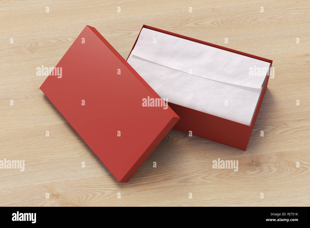 Red shoe box container on wooden background with wrapping paper ...