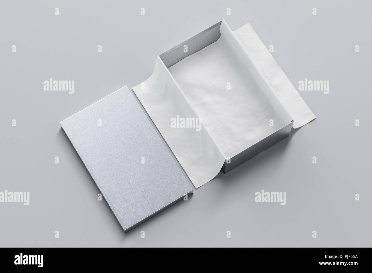 Silver opened shoe box container on white background with wrapping ...