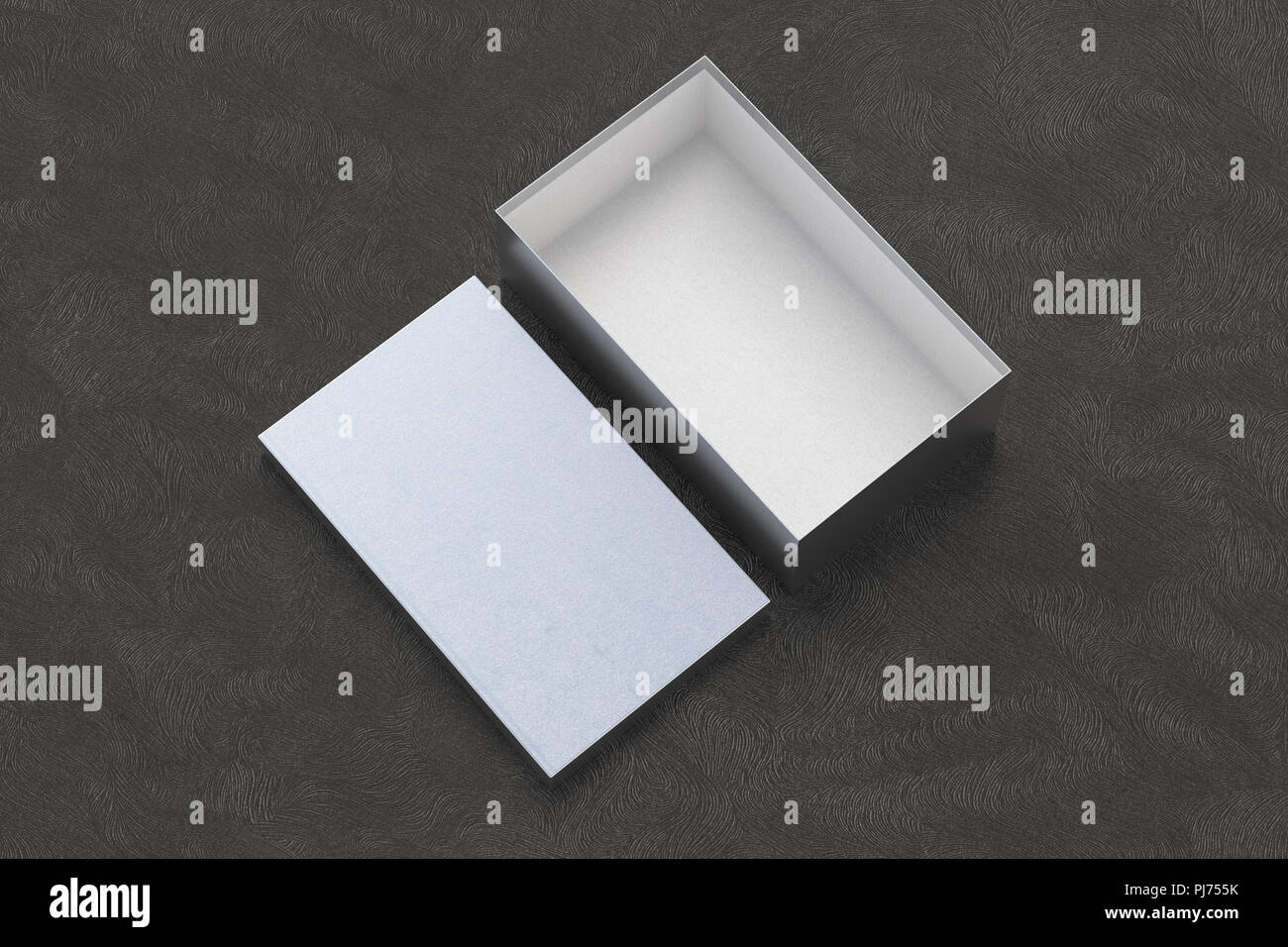 Opened silver shoe box container on black background. Packaging mockup ...