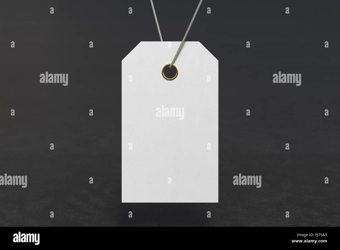Blank white price tag label mockup hanging on black background. 3d ...