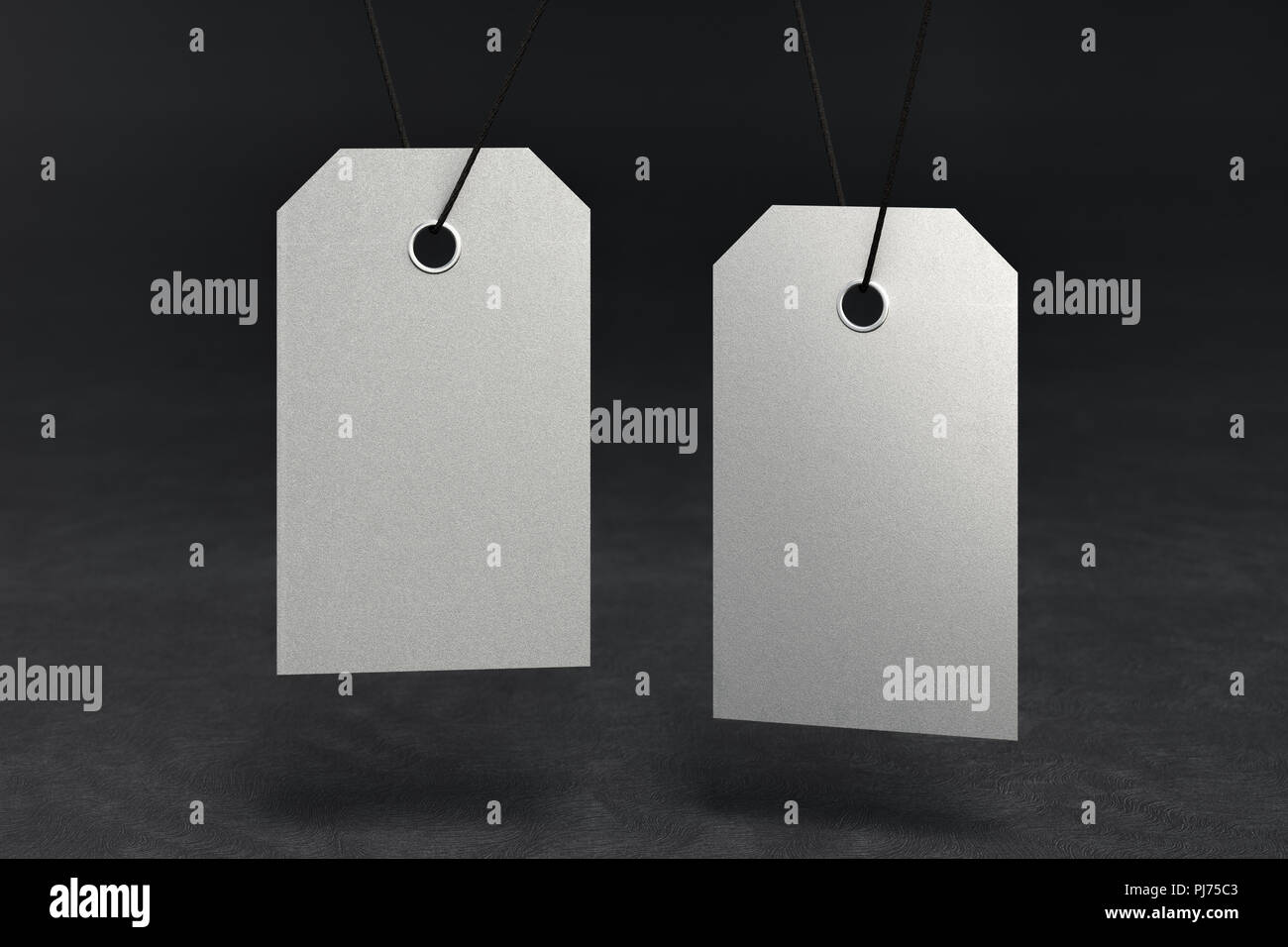 Blank silver price tag label mockup on black background. 3d ...