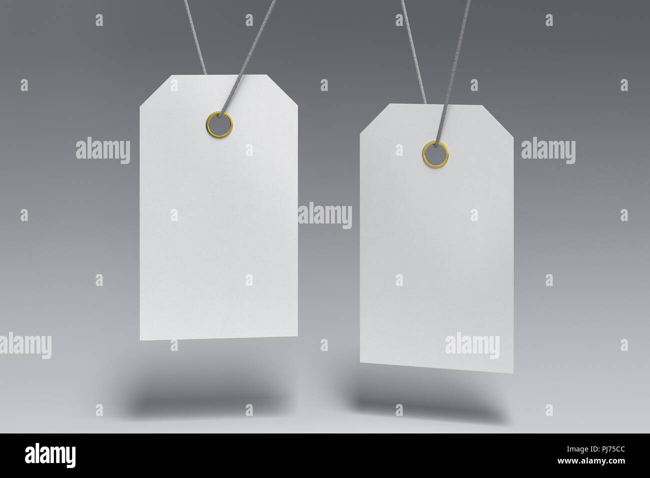 Two blank white price tag labels mockup hanging on white background. 3d ...