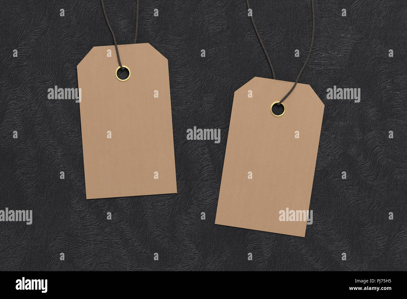 Two blank craft paper price tag label mockup on black background. 3d ...