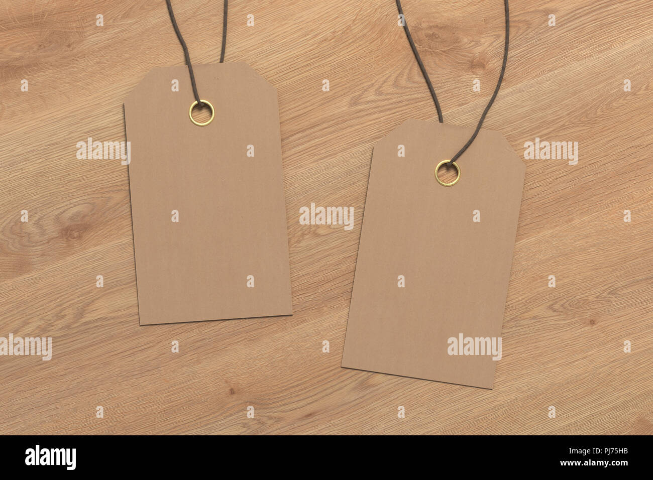 Two blank craft paper price tag label mockup on wooden background. 3d ...