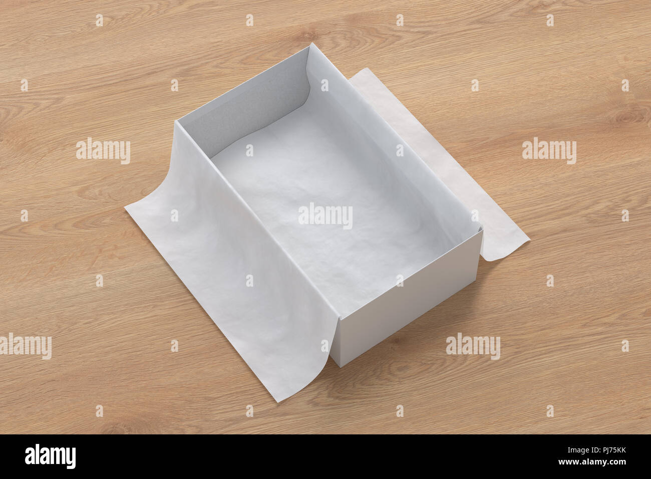 Opened white shoe box container without cover on wooden background with ...