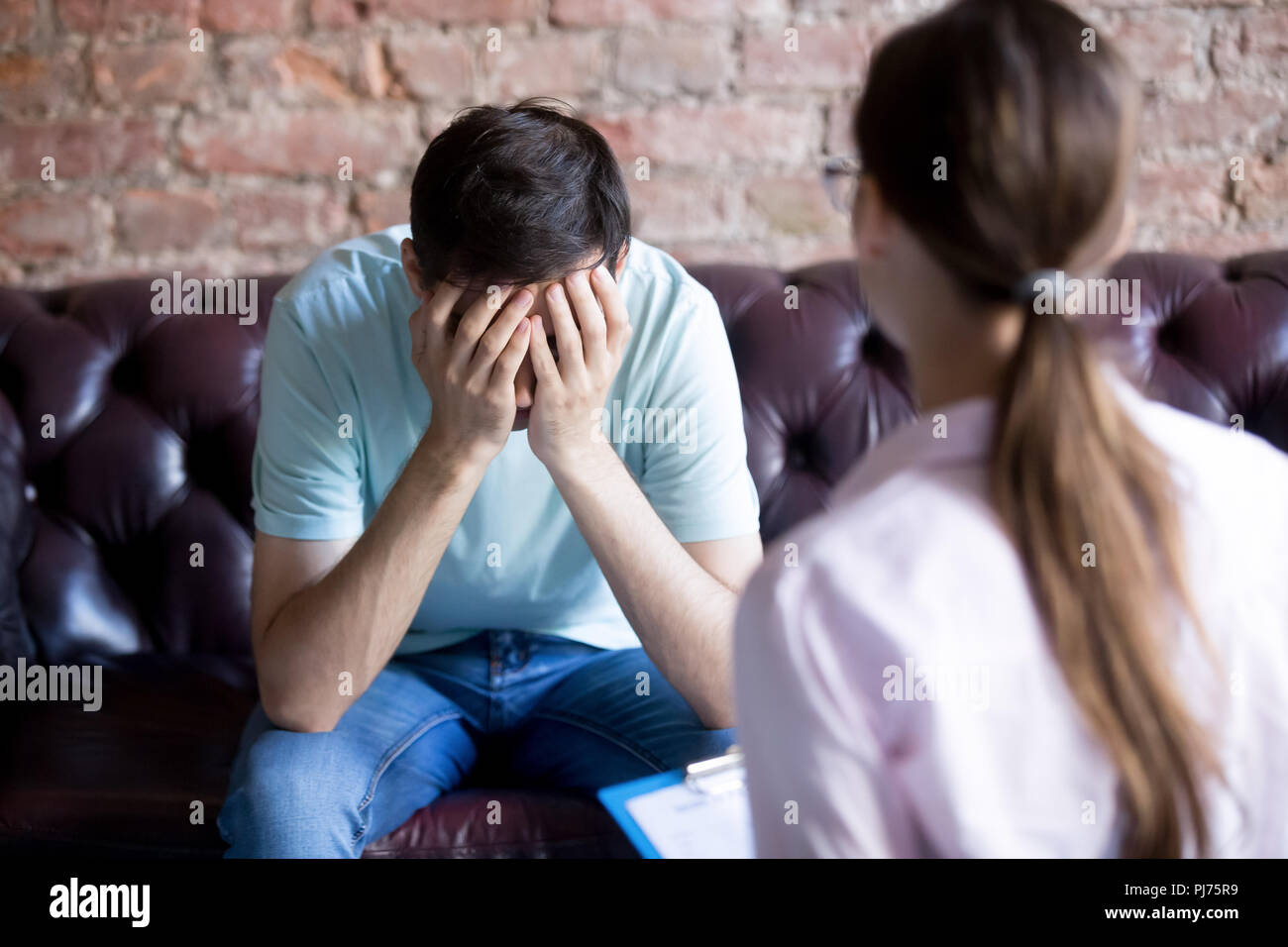 Sad man stress visits doctor hi-res stock photography and images - Alamy