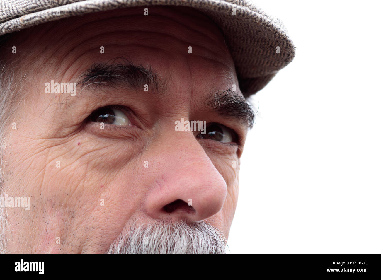 Close up, eyes, nose and gray moustache of a thoughtful, serious senior ...