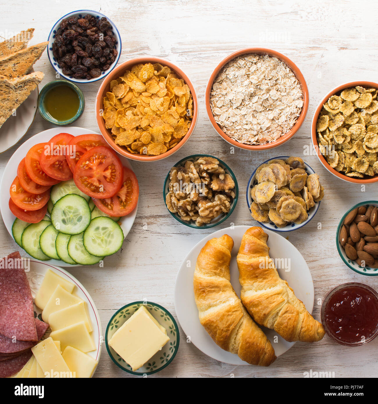 Top view of the healthy filling breakfast, ham, cheese, cereals, toast ...