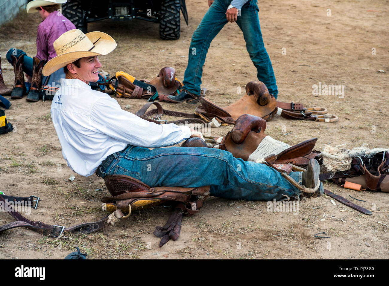 Saddle Bronc cowboy gearing up for Texas rodeo USA Stock Photo - Alamy