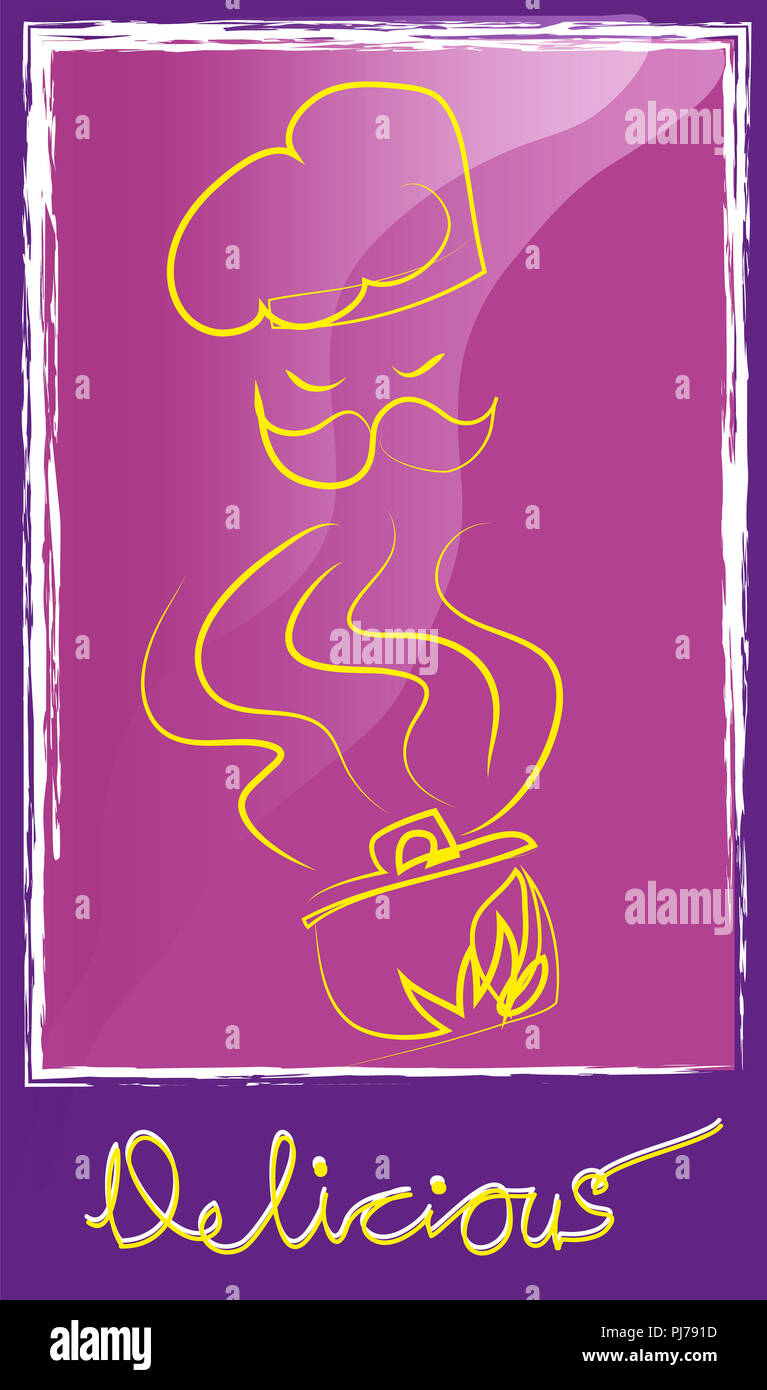 Delicious word Simple line illustration of pot and chef Stock Photo - Alamy