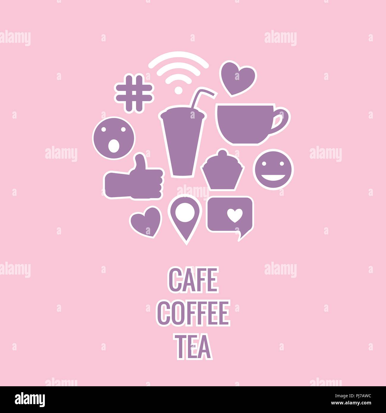 Set sign of cafe. Vector illustration of stickers isolated on a pink ...