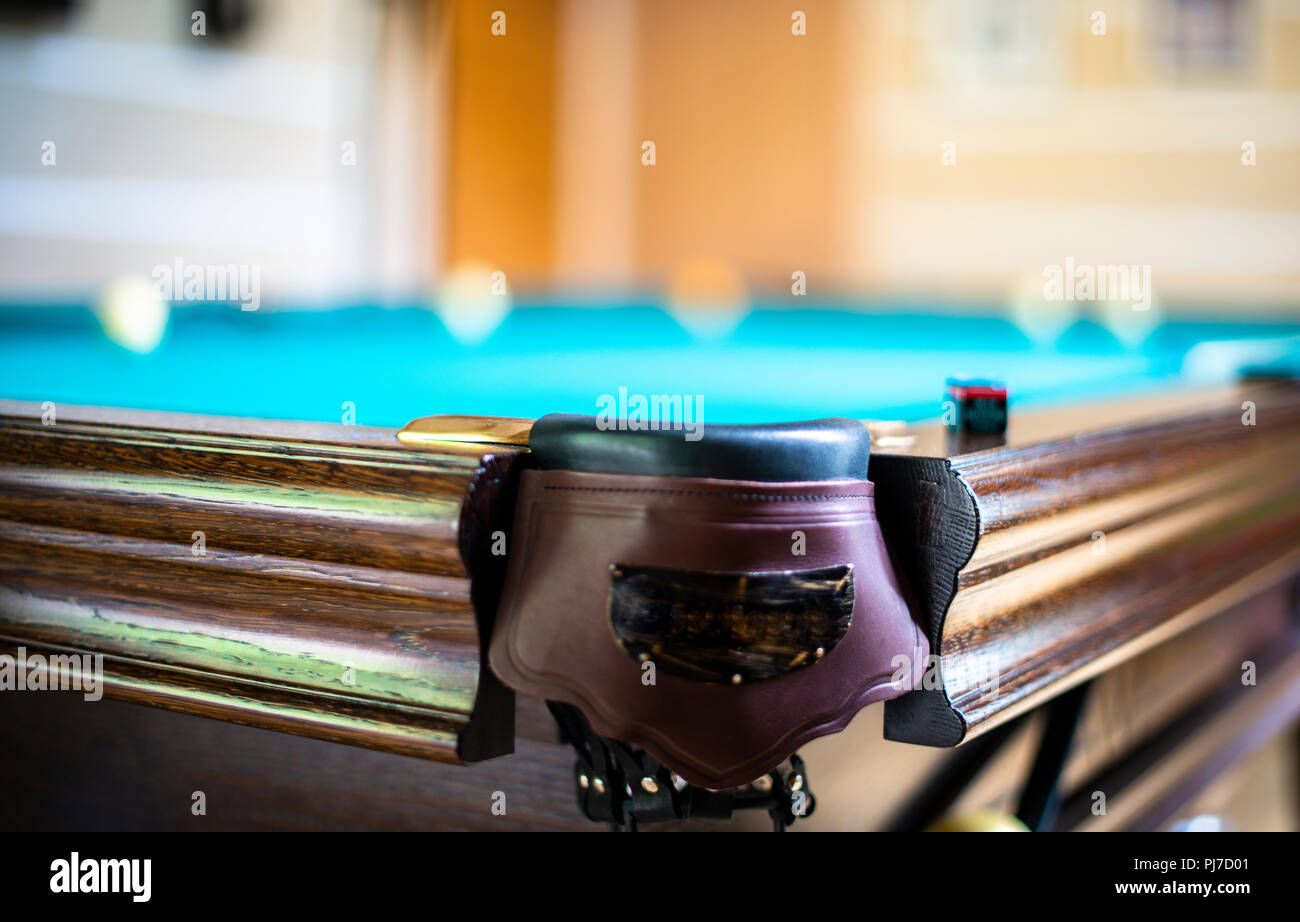 Billiard table close up. Playing billiard. Billiards balls and cue on ...