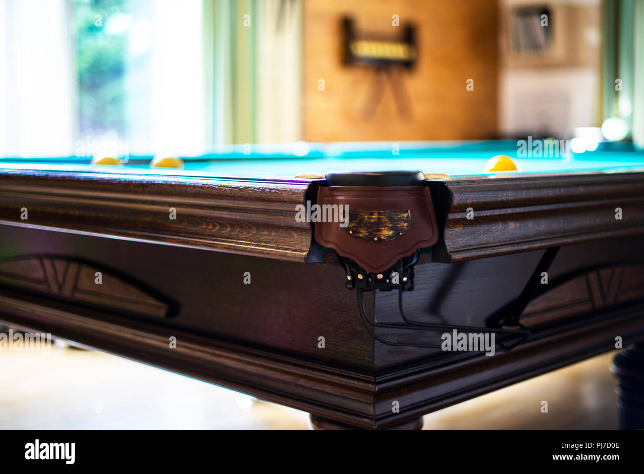 Billiard table close up. Playing billiard. Billiards balls and cue on ...