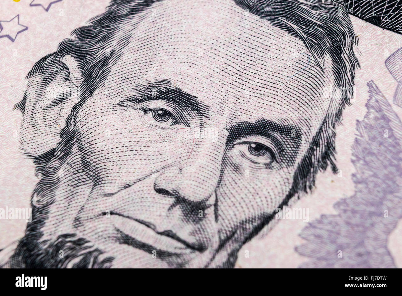 Close up view Portrait of Abraham Lincoln on the one five dollar bill ...