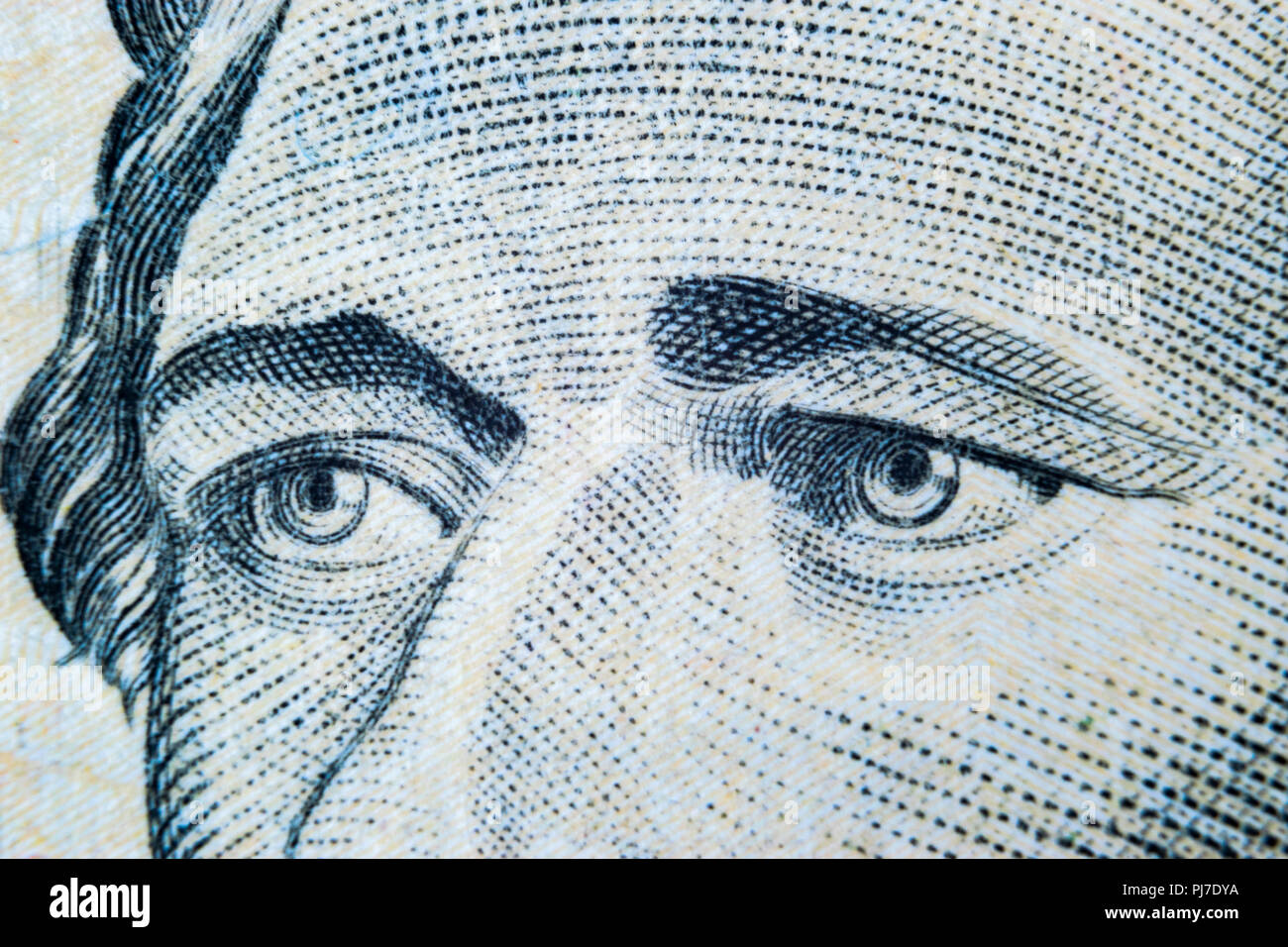 Close up view Portrait of Alexander Hamilton on the one ten dollar bill ...