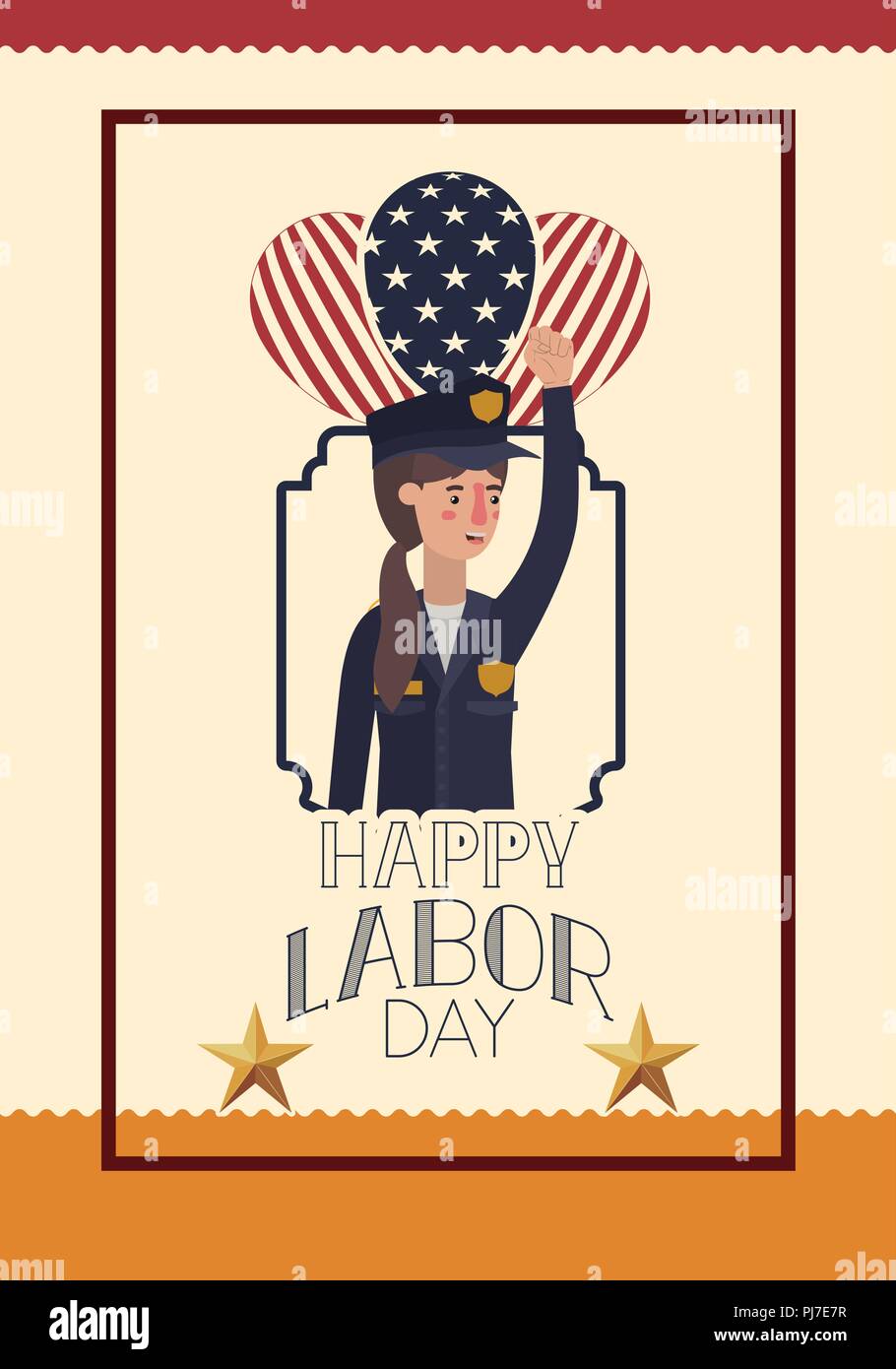 happy labor day card with woman police and balloons Stock Vector Image ...