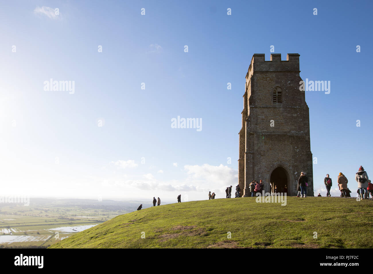 St Michael's Tower on Glastonbury Tor and town, Somerset England Stock ...