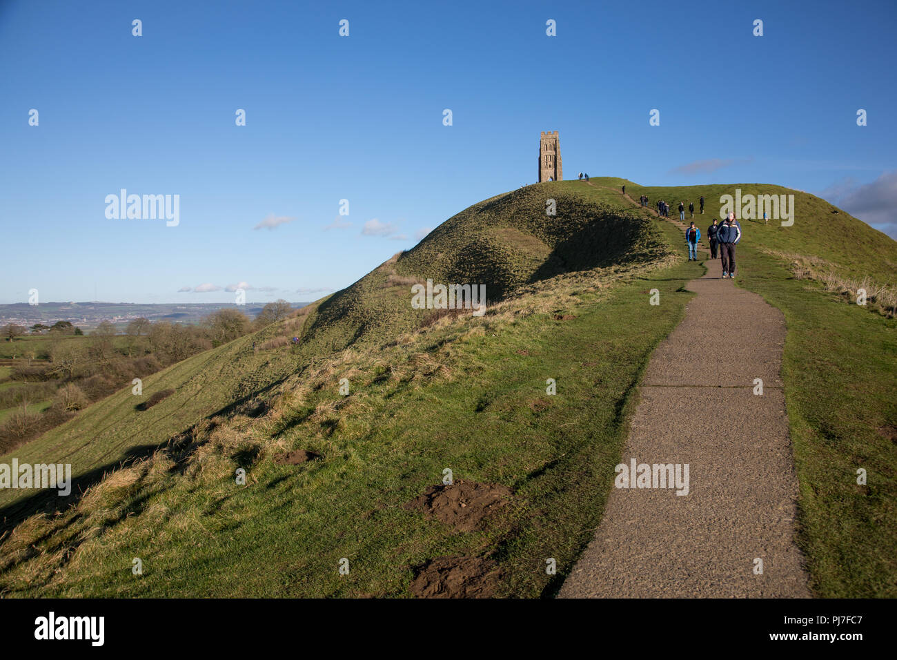 St Michael's Tower on Glastonbury Tor and town, Somerset England Stock ...