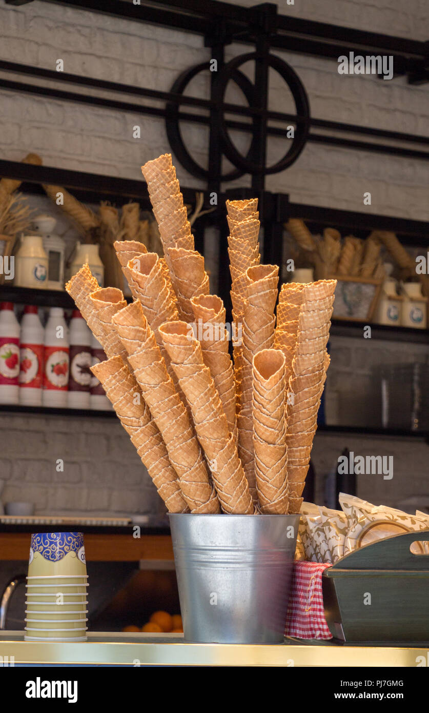 Empty Waffle Ice Cream Cones in the view Stock Photo - Alamy