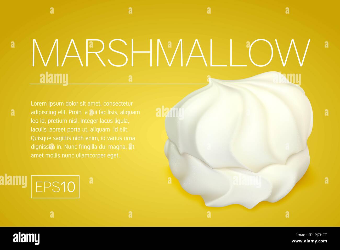Banner with a realistic image of marshmallows on a yellow background ...
