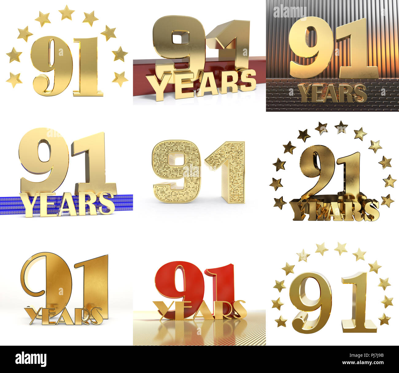 Set of number ninety one year (91 year) celebration design. Anniversary golden number template ...