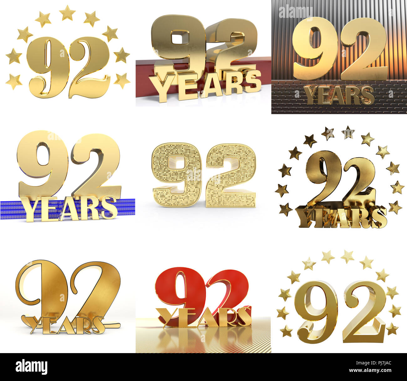 Set of number ninety two year (92 year) celebration design. Anniversary golden number template ...