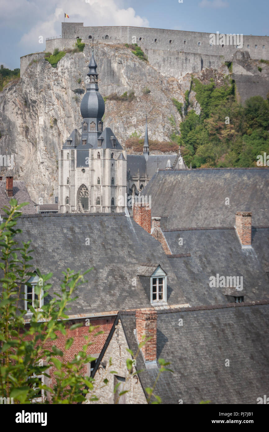 A view of the Church of Our Lady in Dinant, Belgium, on a sunny day in ...