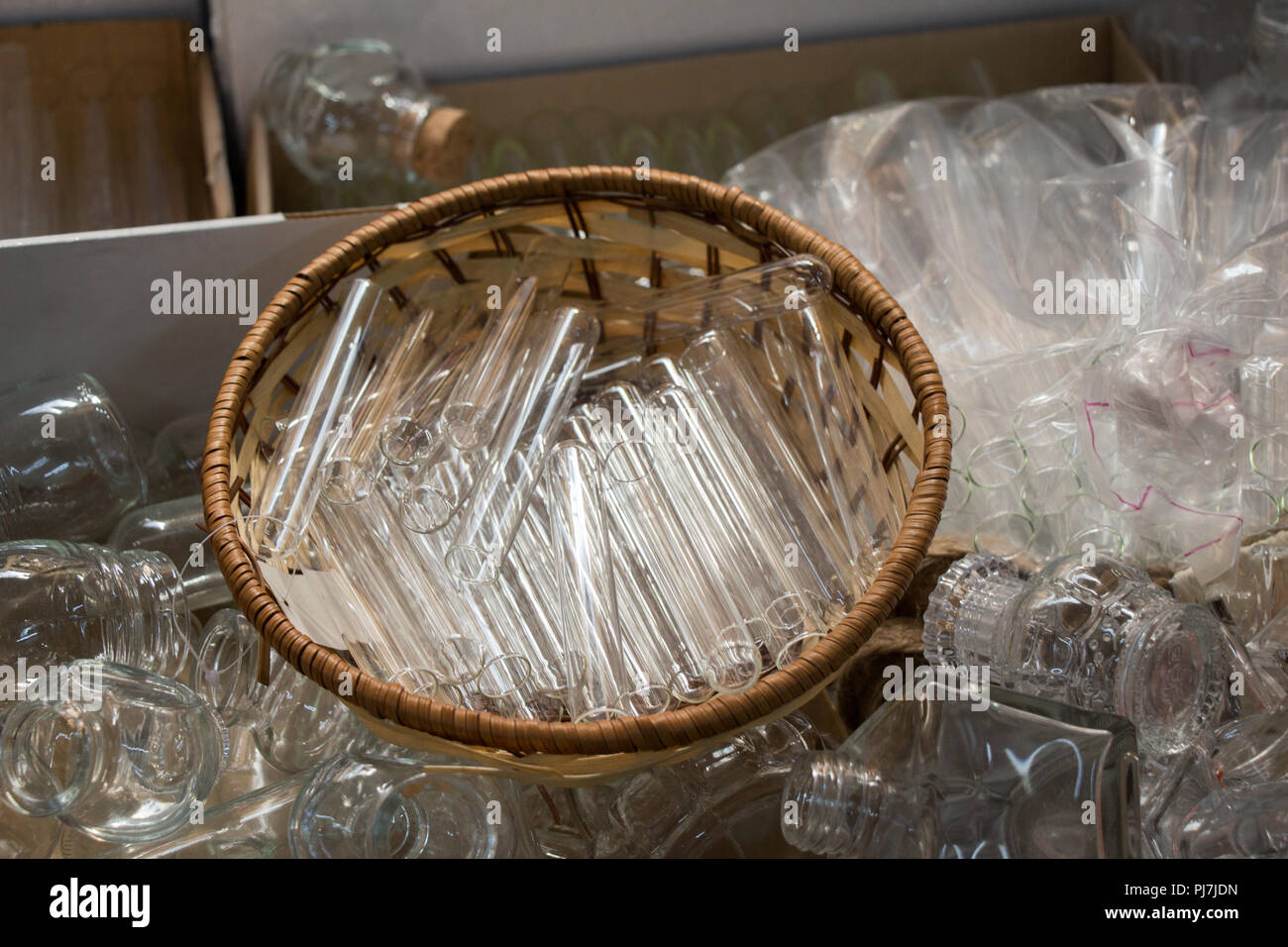 Set of Empty small transparent bottles in a box Stock Photo - Alamy
