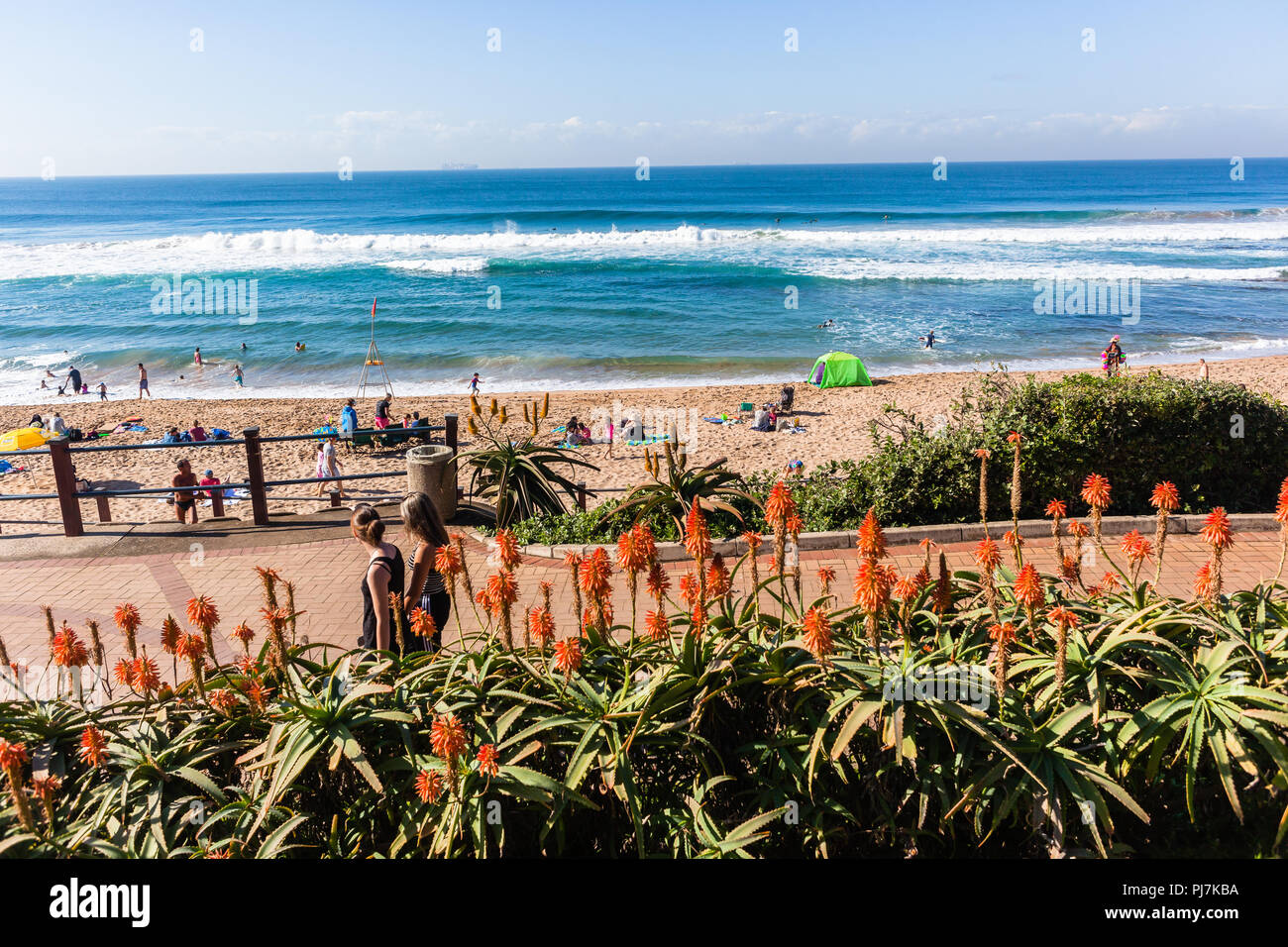 Beach ocean waves with holiday public walking promenade path ...