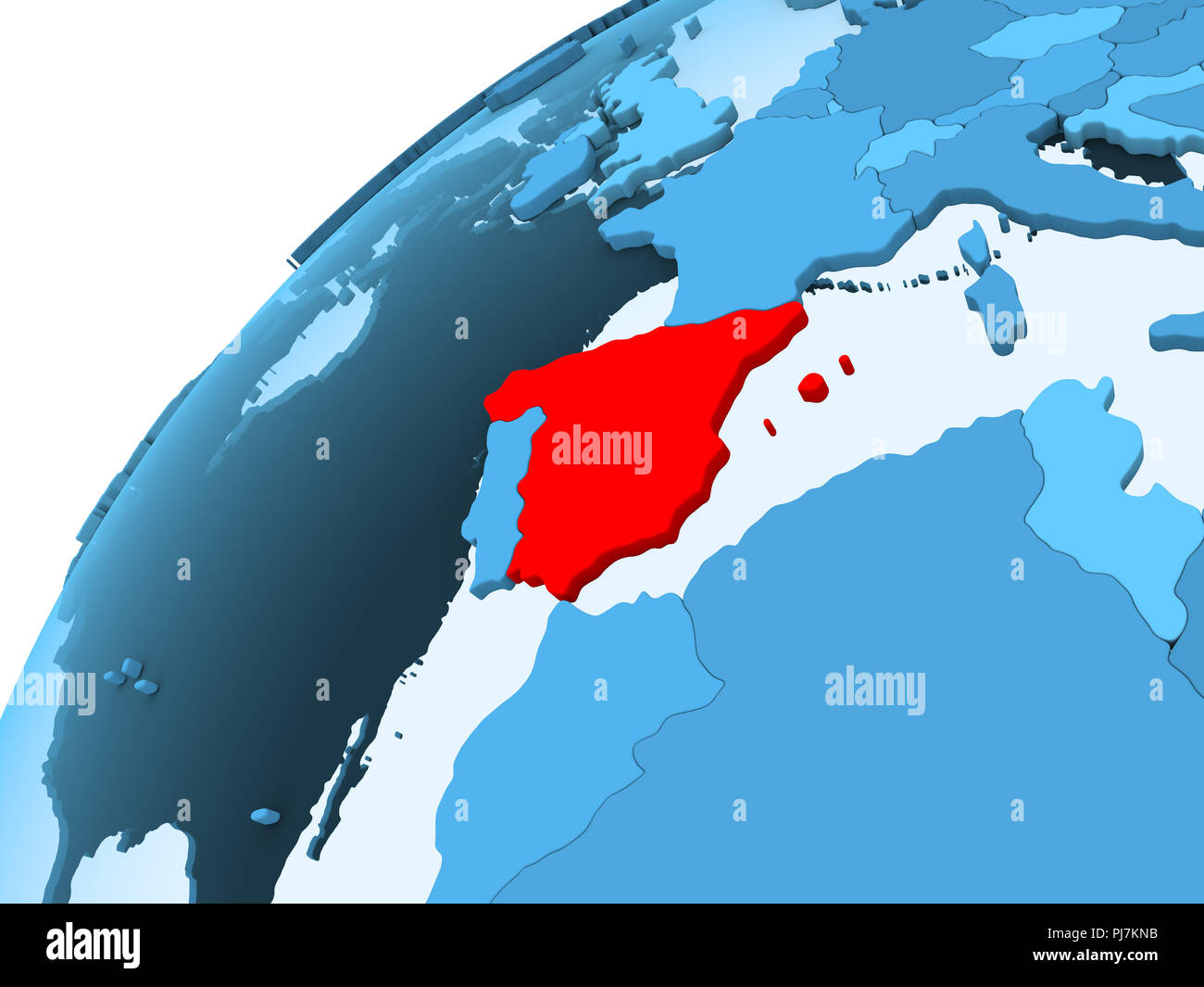 Spain in red on blue model of political globe with transparent oceans ...