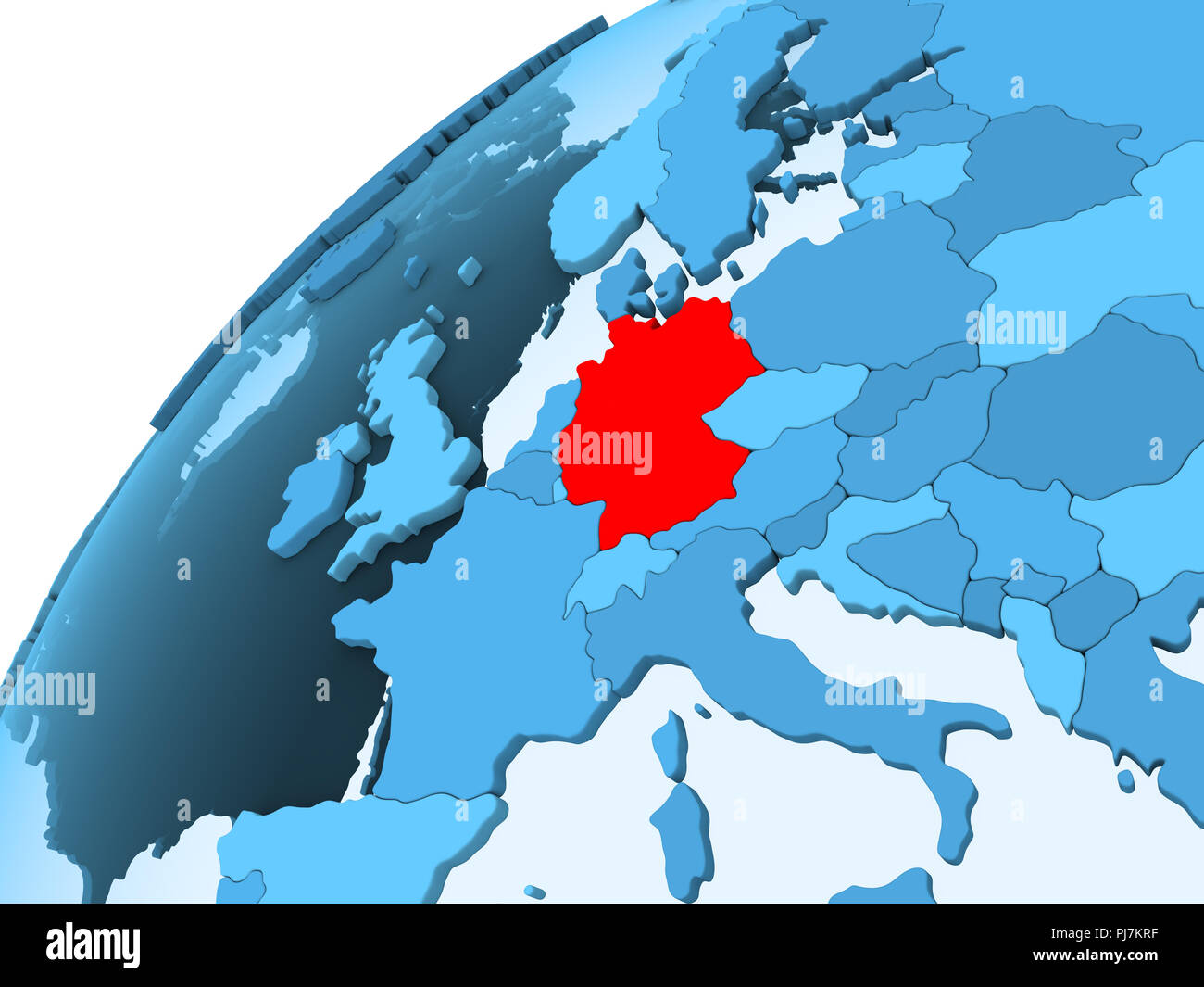 Germany in red on blue model of political globe with transparent oceans ...
