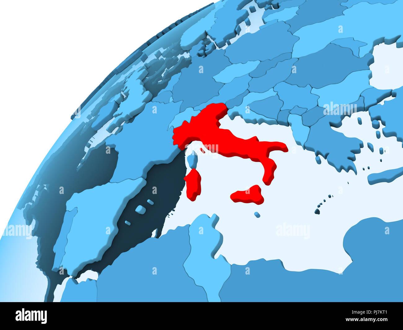 Italy in red on blue model of political globe with transparent oceans ...