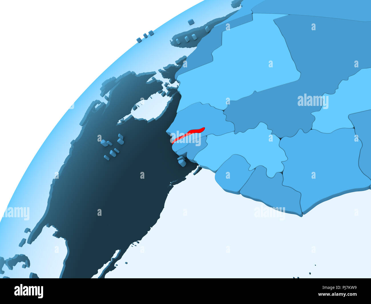 Gambia in red on blue model of political globe with transparent oceans ...