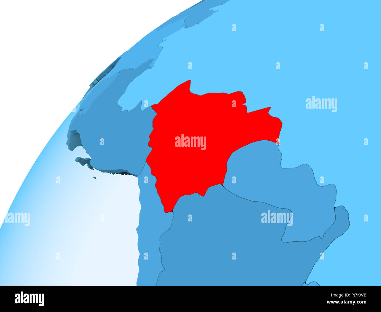 Bolivia in red on blue model of political globe with transparent oceans ...