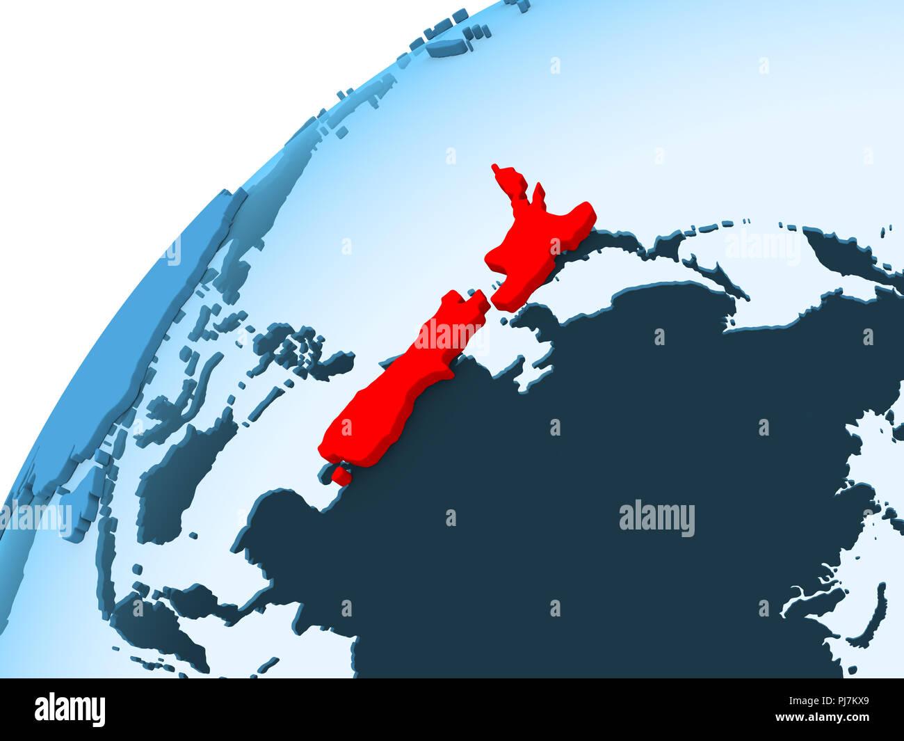 New Zealand in red on blue model of political globe with transparent ...