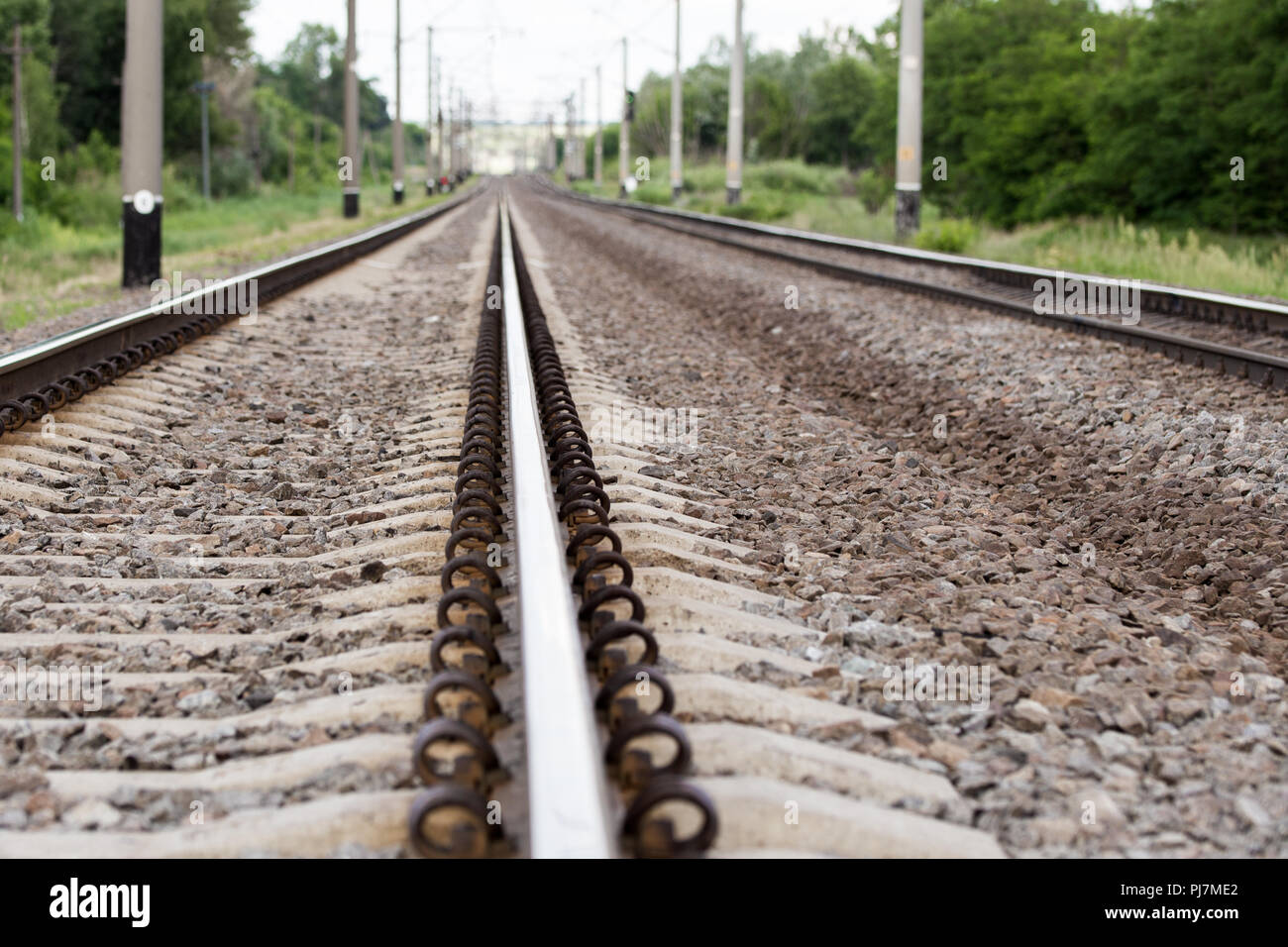 close-up railroad rails. Cargo trains way. Heavy industry. Industrial ...