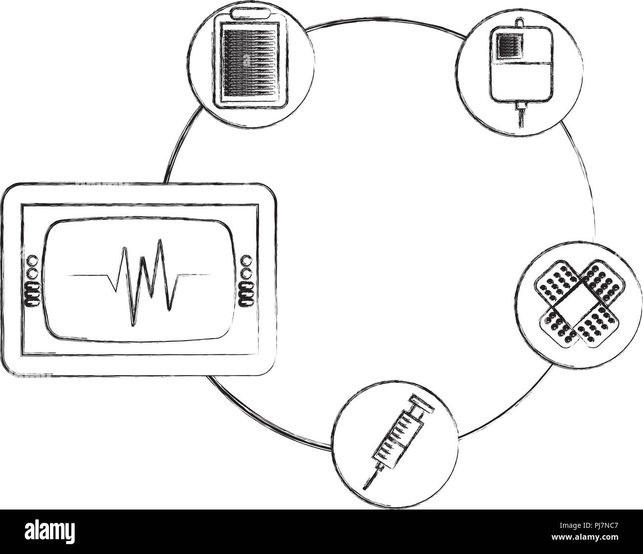 medical monitor bag blood syringe and aid band vector illustration hand ...