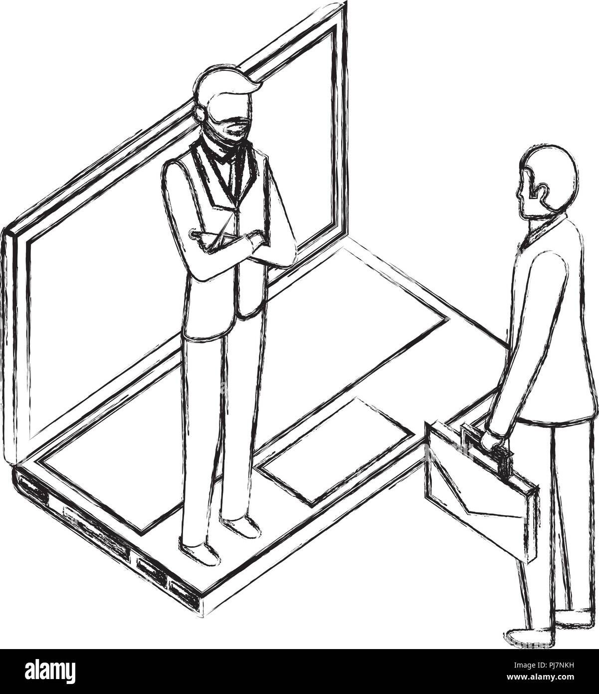 two businessman with laptop computer device vector illustration hand ...