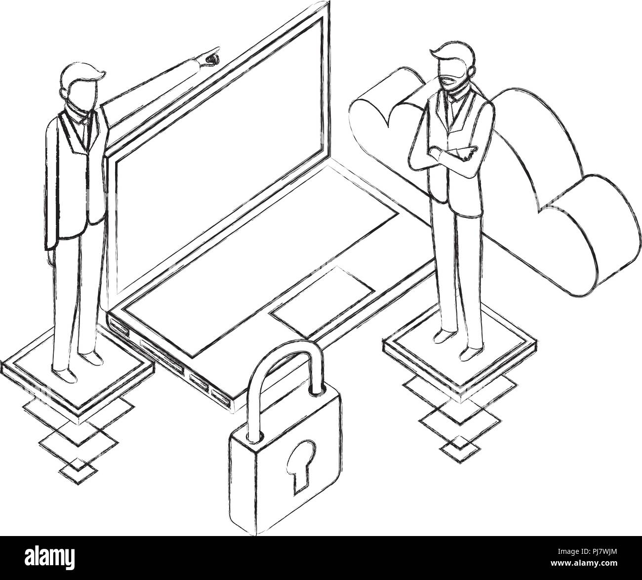 businessmen with laptop computer and set icons vector illustration ...