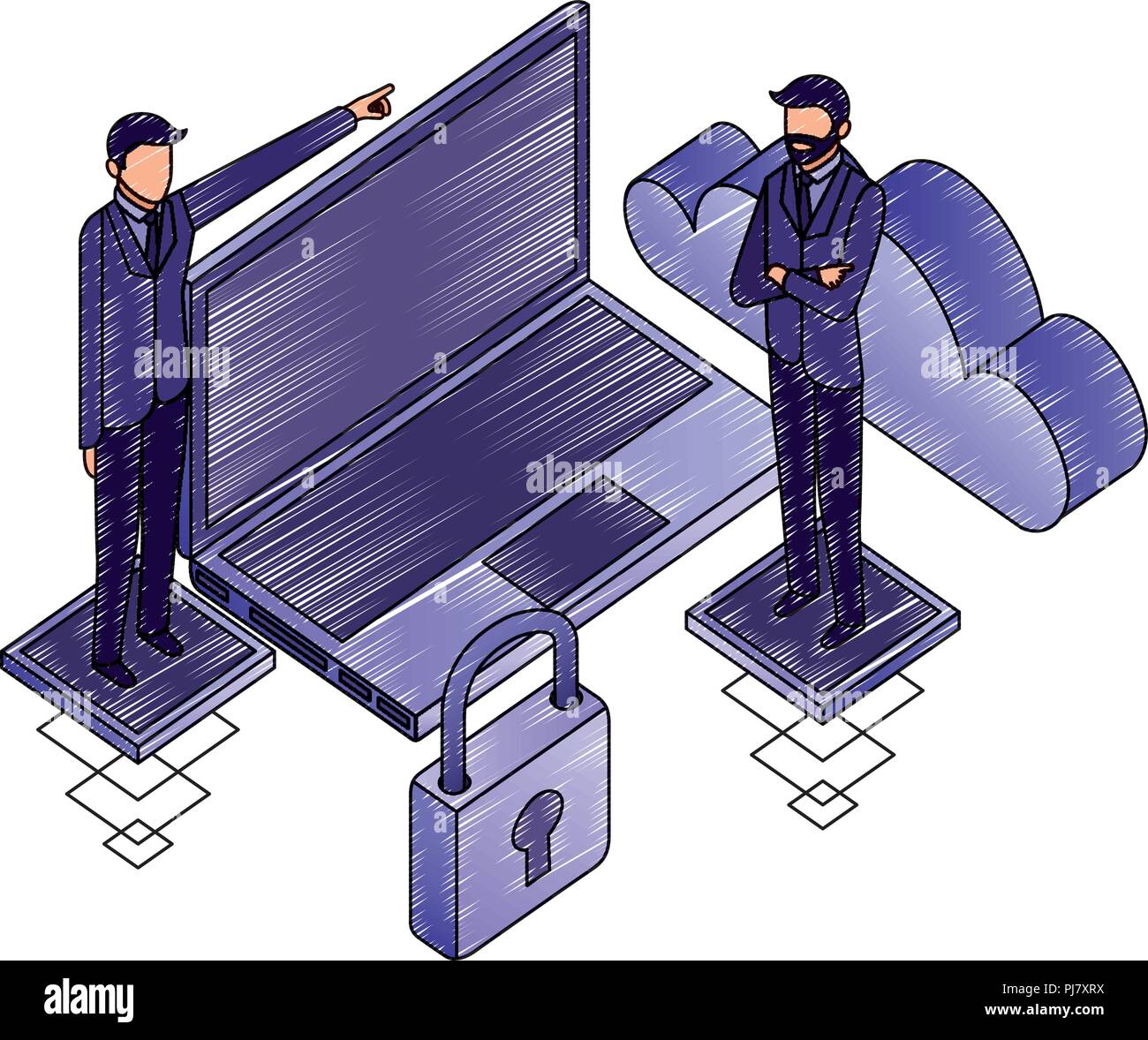businessmen with laptop computer and set icons vector illustration ...