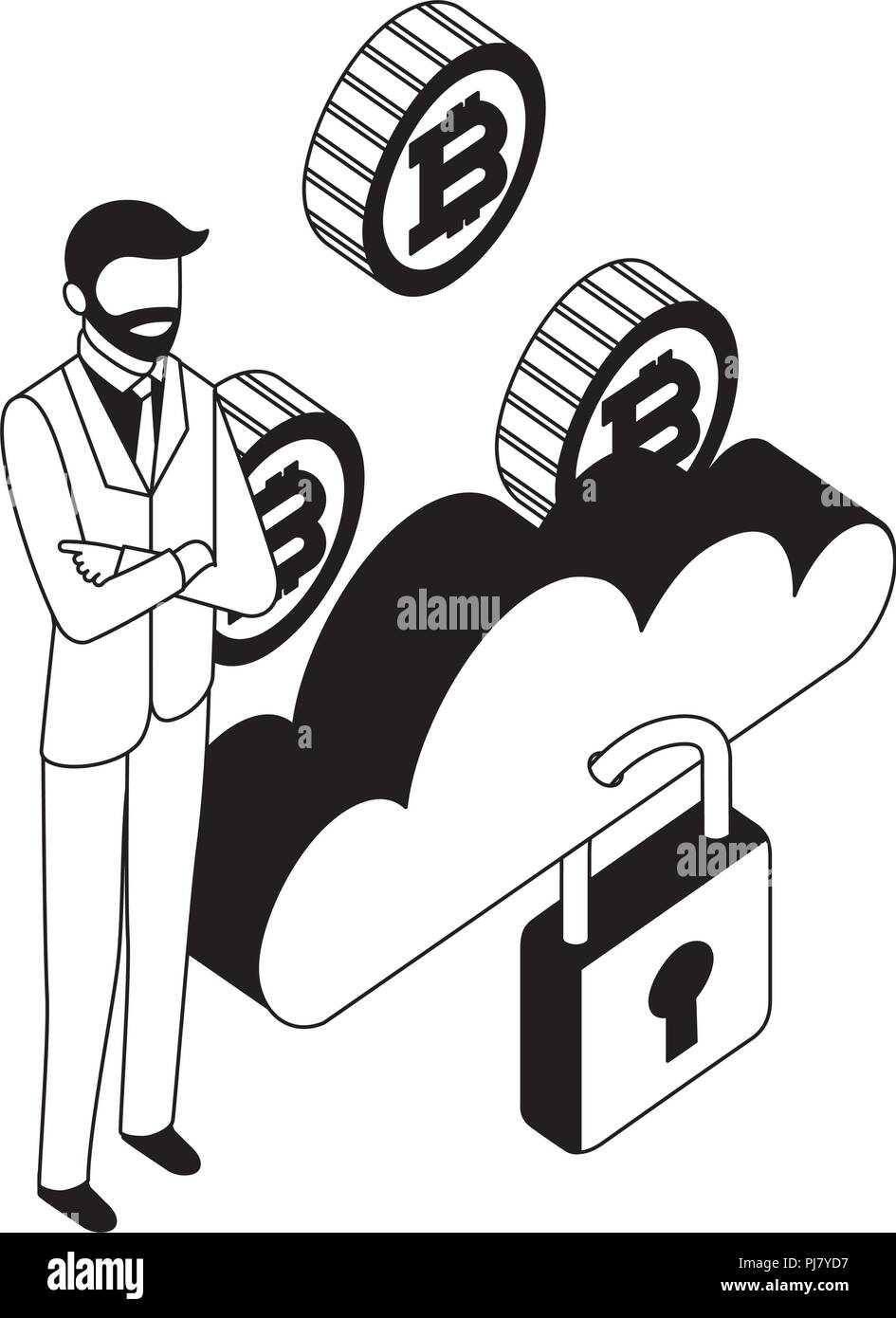 Businessman Cloud Computing Storage Security Coins Vector Illustration