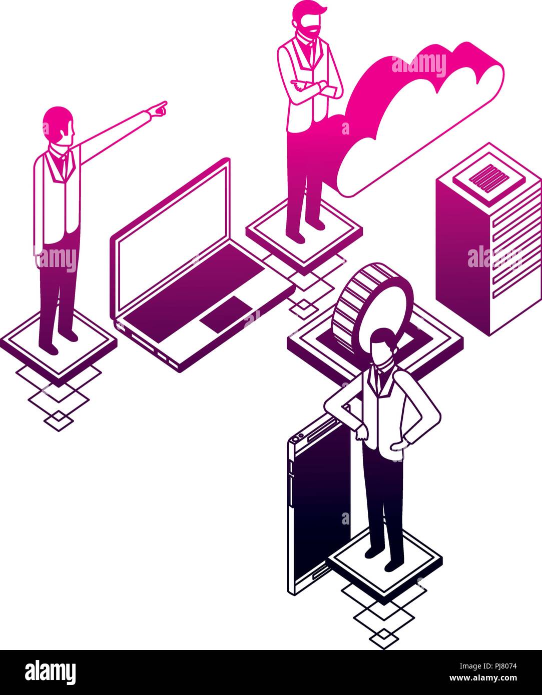 businessmen laptop smartphone data server cloud computing vector illustration neon design Stock ...