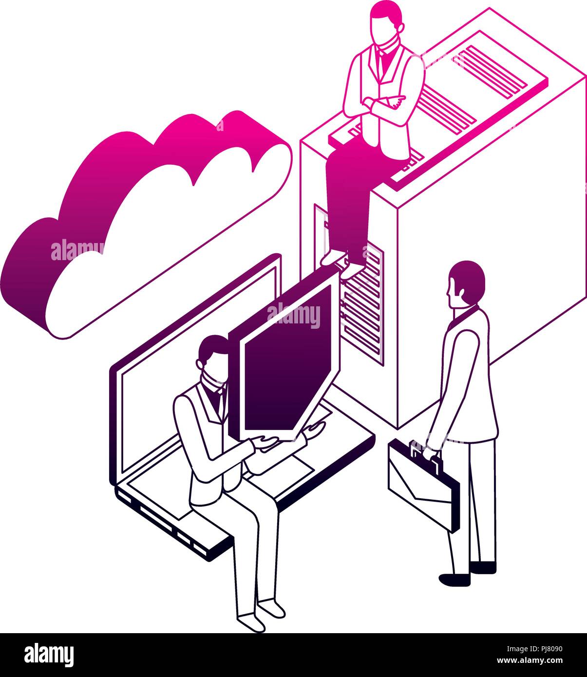 businessmen with server data laptop shield cloud storage vector illustration neon design Stock ...