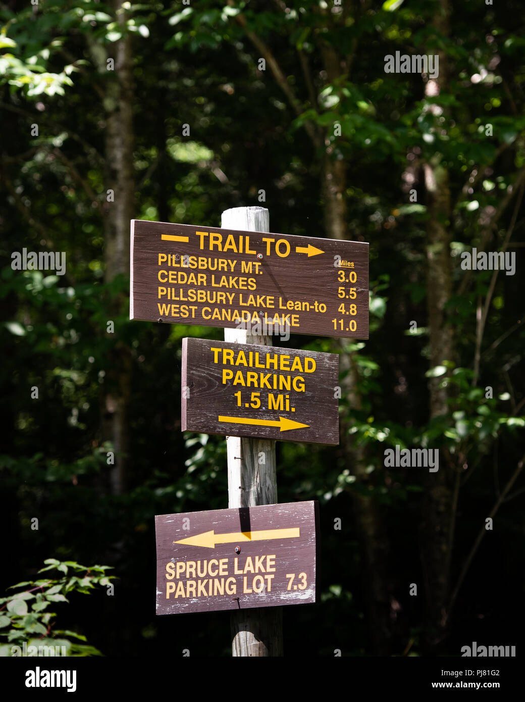 Road signs in Perkins Clearing in the Adirondack Mountains, NY, USA ...