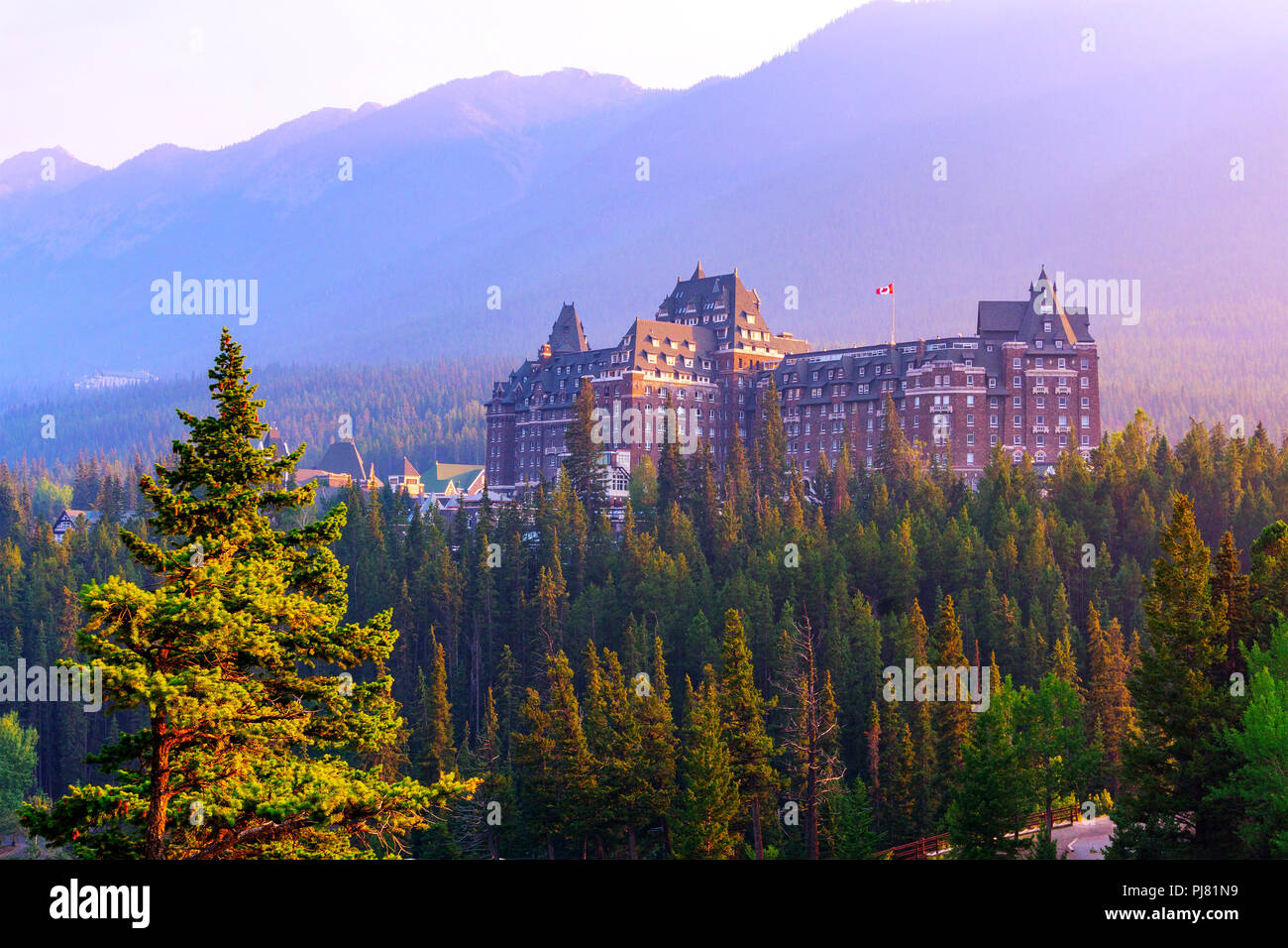 Sun setting on historic Banff Springs Hotel nestled in the Canadian ...
