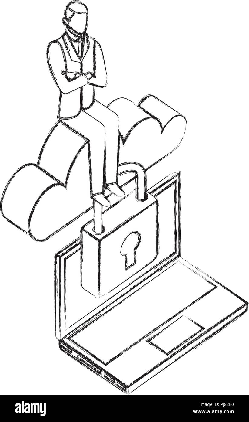 businessman cloud computing laptop and security network vector ...
