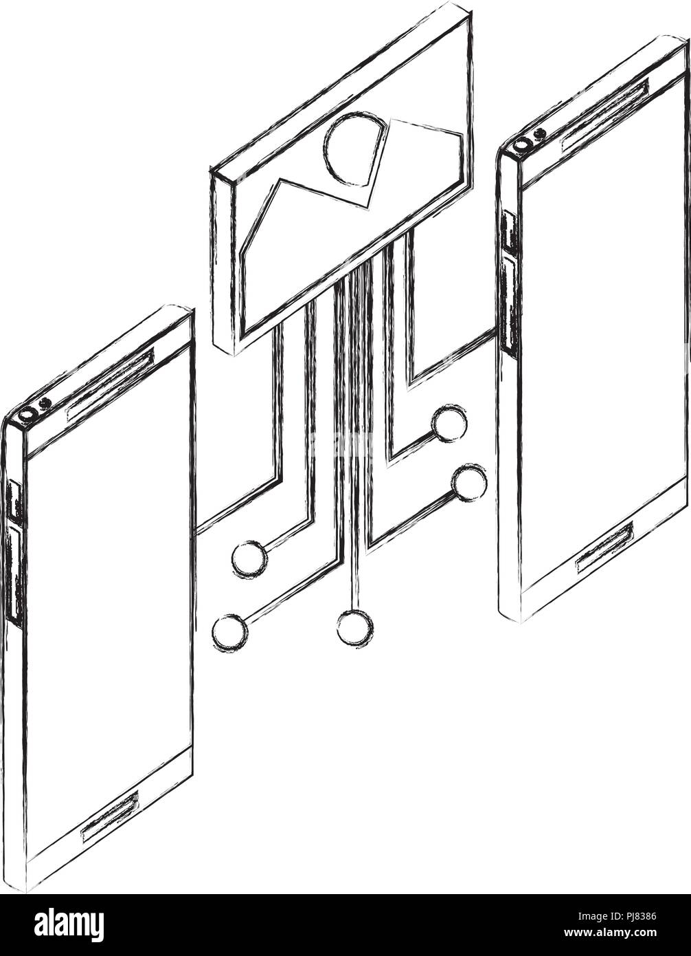 two smartphone image data connected network vector illustration hand ...