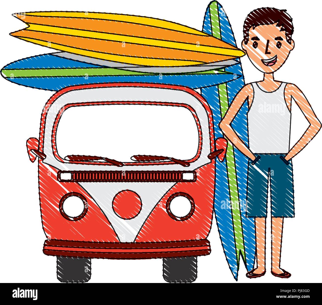 tourist man with van and surfboards vector illustration Stock Vector ...