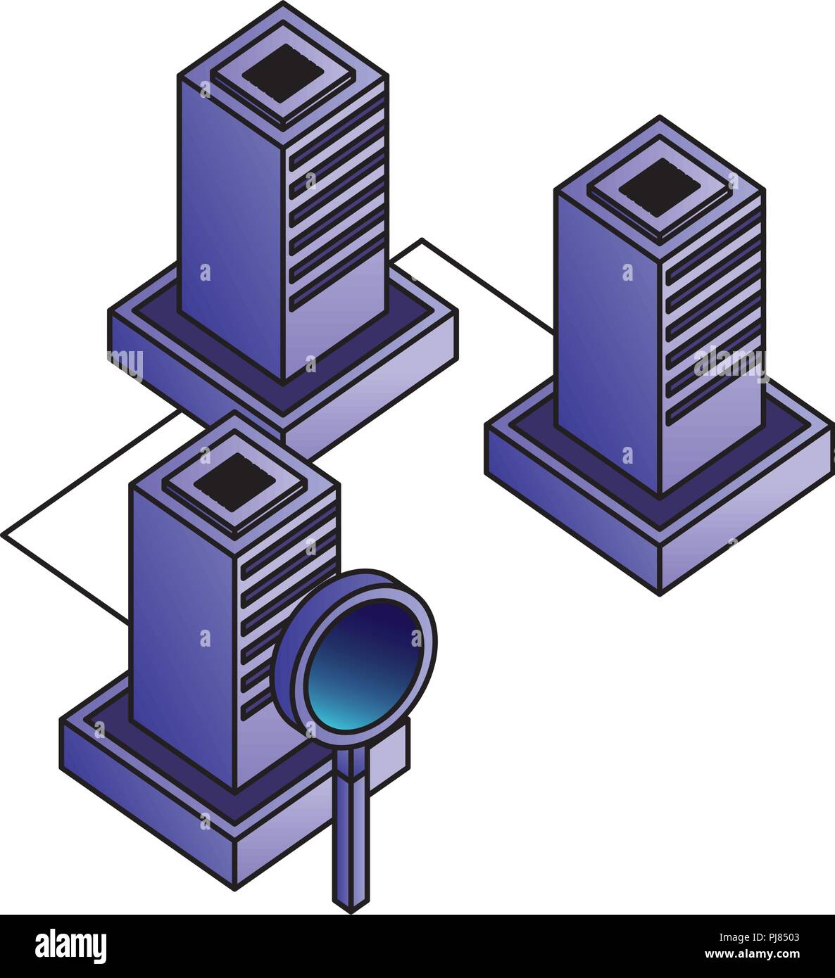 three database center storage network magnifying glass vector ...