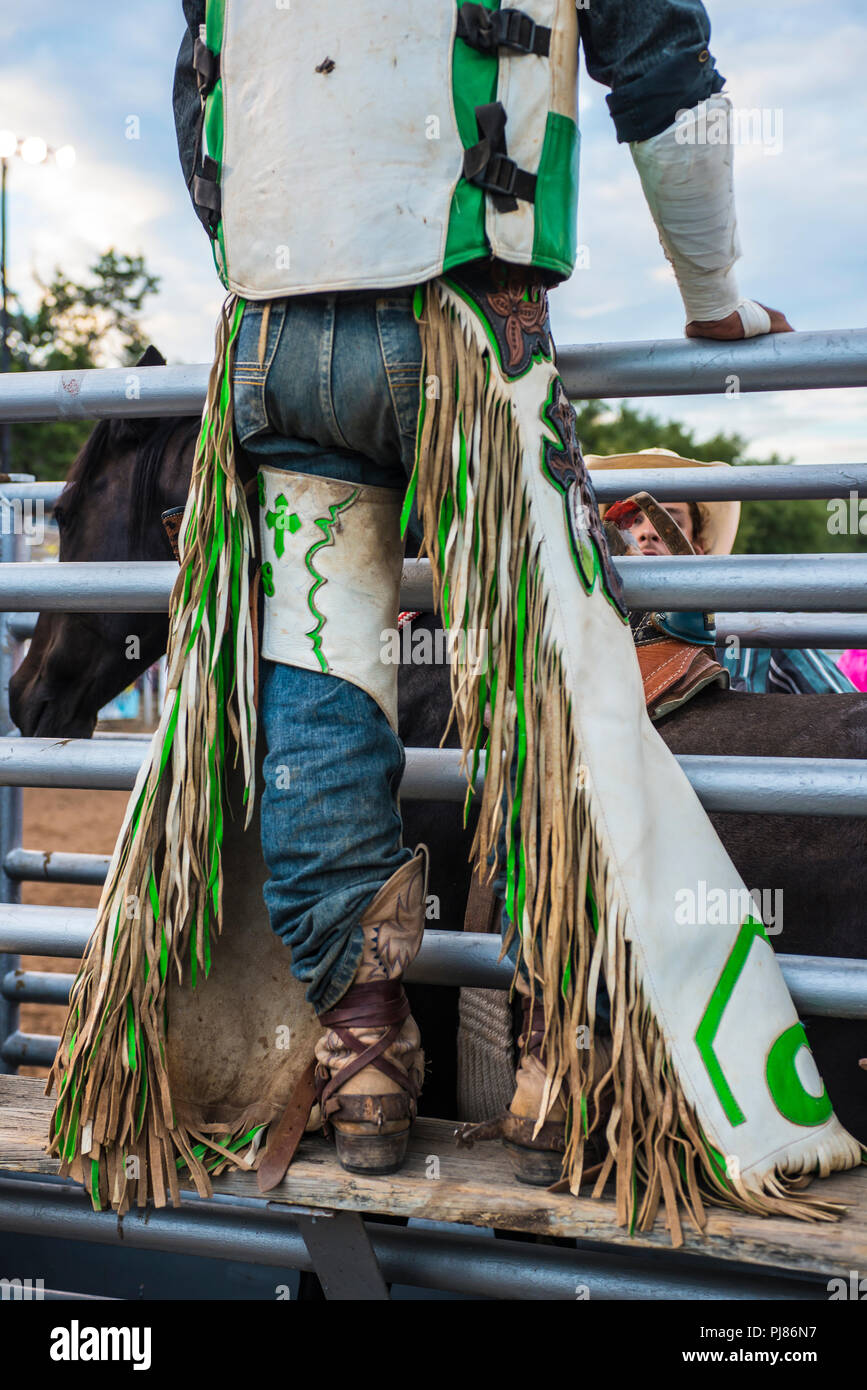 Cowboy in western chaps. Texas rodeo USA Stock Photo - Alamy